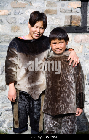 Native people wearing seal skins, Nanortalik Museum, Qoornoq Island ...