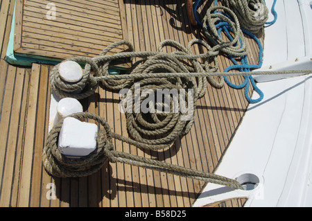 Pulley and rope on a ship, ferry in Montenegro, Kotor bay. Sailing boat ...