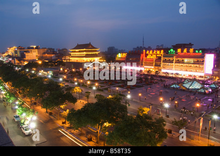 Aerial view of the illuminated Xi'an Bell Tower in Xi'an city ...