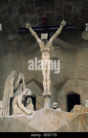 Statue of Christ at the entrance to Sagrada Familia the Gaudi cathedral in Barcelonia Cataluna ...