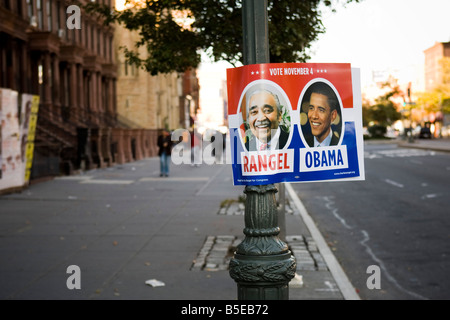 Obama Rangel yard sign fixed to a lamp post in Harlem New York USA ...