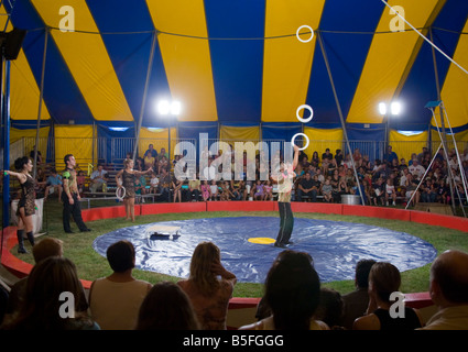 Circus performer juggling rings while audience watches Stock Photo - Alamy