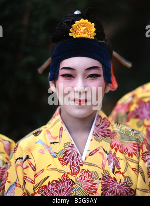 Women in traditional ryukyu dance costume with Hanagasa hat. Shuri ...