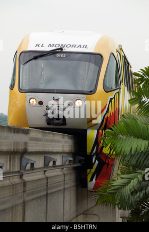 Elevated monorail train on rail. Guide wheels rubber tire on concrete guideway beam with ...