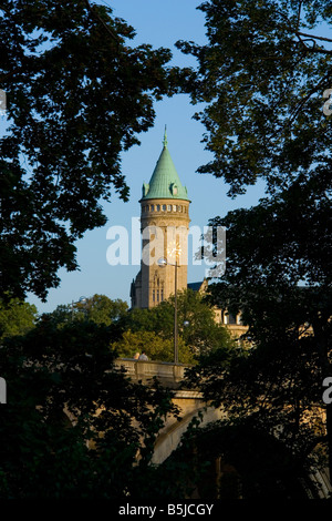 Place de Metz, Luxembourg. Spuerkeess building and clock tower housing ...