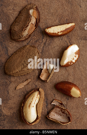 Brazil nuts without shells on a white ceramic plate, close-up, isolated ...