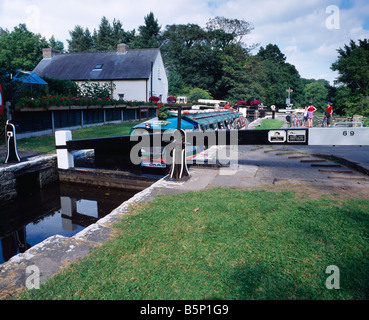 A narrowboat in the Brynich lock on the Monmouthshire and Brecon Canal ...