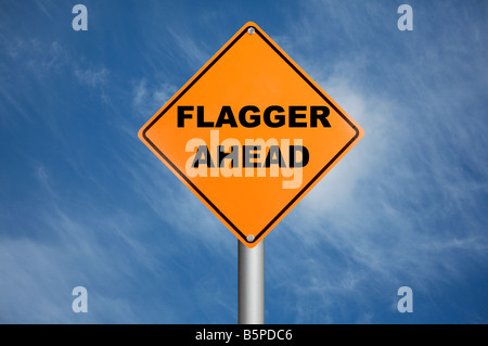 Flagger Ahead Sign Stock Photo - Alamy