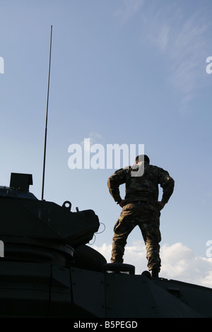 one soldier standing on armoured tank at open day Stock Photo - Alamy