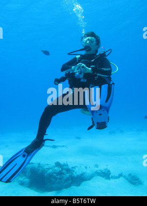 One scuba diver blowing bubbles underwater, Marseille, France Stock ...