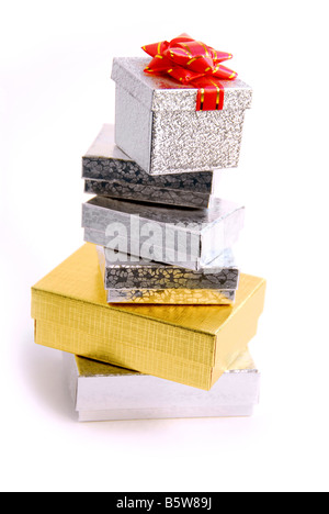 Assorted white gift boxes on red background. Copy space Stock Photo - Alamy