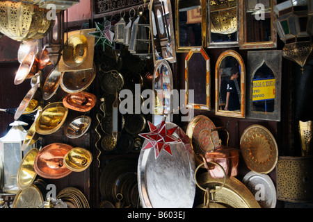Copper and Brassware for sale in the souk at Marrakech Morocco Stock ...