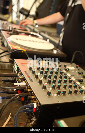 DJ sound mixing desk system at rave music pop concert gig Stock Photo ...
