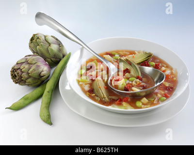 Cabbage soup in plates on braided tray on napkin on wooden table Stock ...