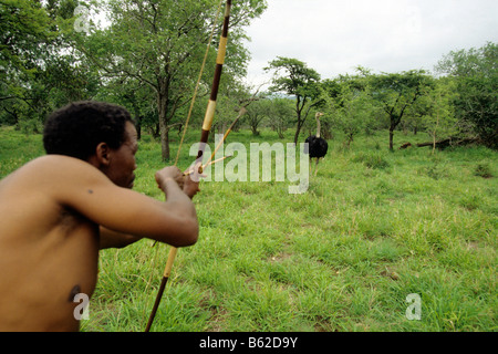Bushman San man hunting with bow and arrow Kalahari Northern Cape South ...