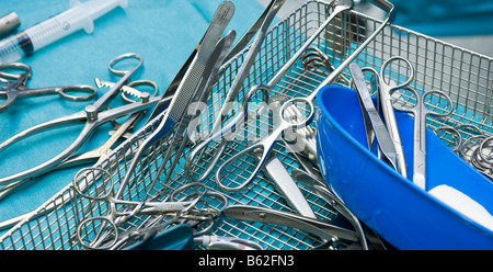 Medical instruments used during brain surgery to remove benign tumor ...