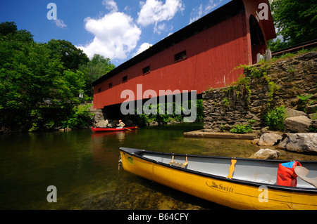 Canoeing under the Red Covered Bridge Battenkill river Vermont Stock ...