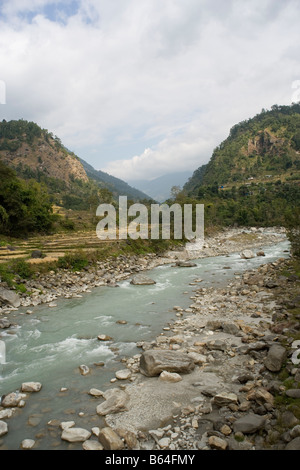 Fishtail mountain from a rope bridge crossing the Modi River in the ...