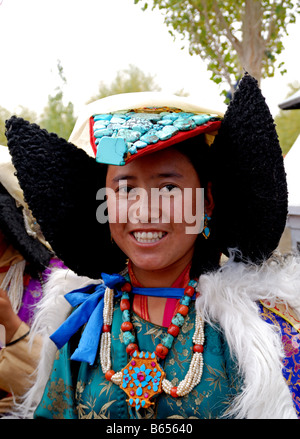 Ladakhi women wearing traditional costumes with Perak headdresses with ...