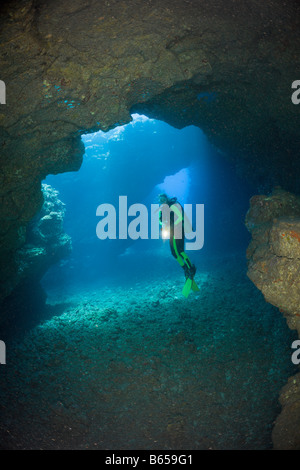 Diver at Caves of Lava Tubes Cathedrals of Lanai Maui Hawaii USA Stock ...