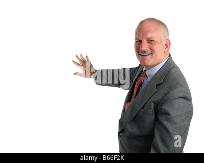 A meteorologist pointing to a weather map or a business man pointing to ...