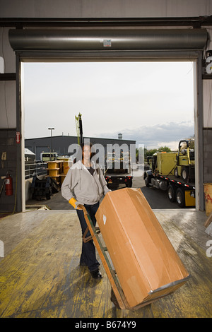 Female warehouse worker pushing cart with planks Stock Photo - Alamy