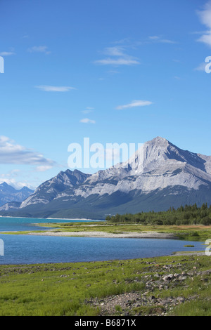 Scenery view at Abraham lake shore in autumn season, Mount Michener in ...