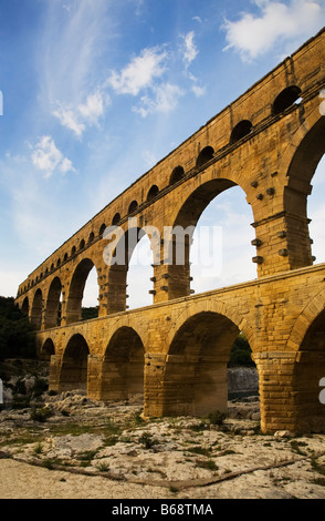 River Gardon landscape from the Pont du Gard three-tiered aqueduct ...