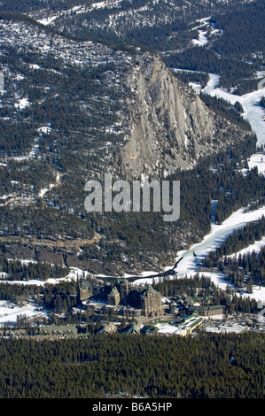 Aerial view of Banff town and Banff Springs Hotel with Bow river, Banff ...