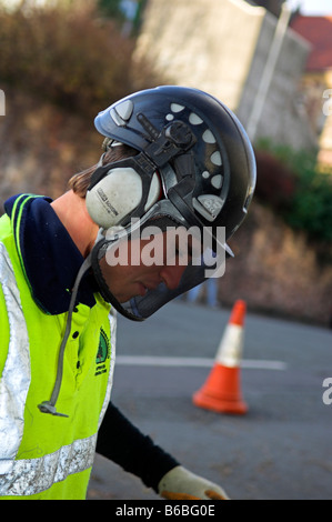 Safety helmet with ear defenders and visor as used my forestry workers ...