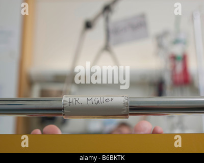 Patient's name label on hospital bed Stock Photo - Alamy