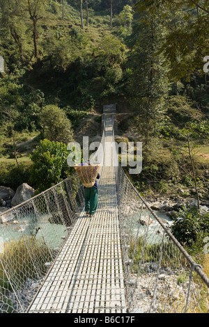 Metal rope bridge crossing the Modi river valley in the Annapurna range ...