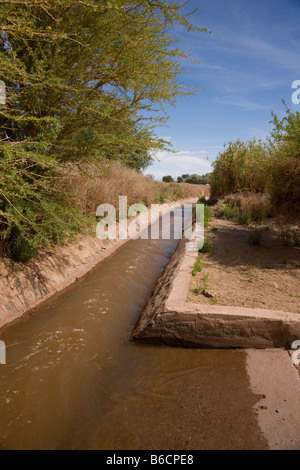 Dry irrigation channel and a stream of water between field on a foggy ...