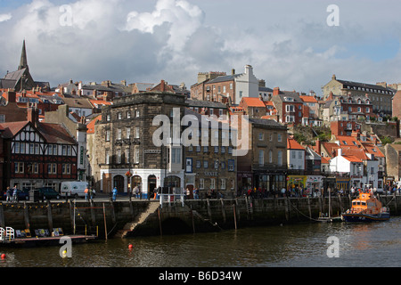 Whitby harbour waterfront quays boats North Yorkshire UK Great Britain ...