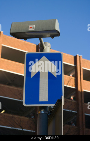 uk road sign one way street at left turn arrow blue white Stock Photo ...