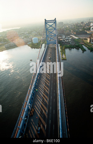 The view of aerial Delaware river, bridge across the in the historic ...