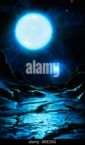 Binary star system planet, artwork. Small, rocky planet that has formed ...