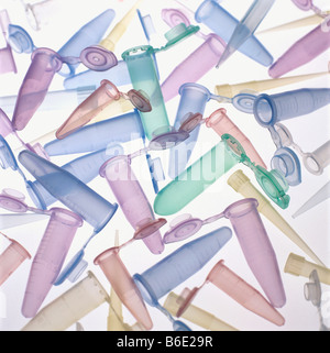 Pipette tips and sample tubes. Assorted disposable plastic pipette tips ...