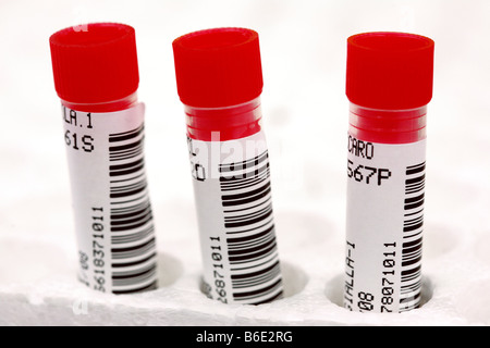 Medical sample tubes labelled with barcodes Stock Photo - Alamy