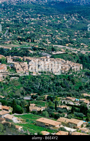 Aerial view of the medieval village of Tourrettes sur Loup on the ...