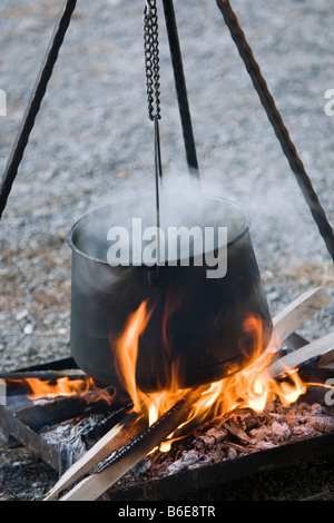 Cook Pot, cooking over a fire wood burning stove. Kitchen scene sign in ...