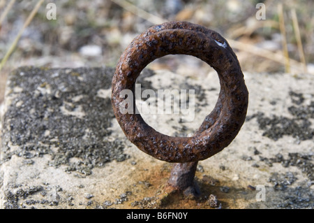 An old rusty metal hook loop photographed on a white background Stock ...