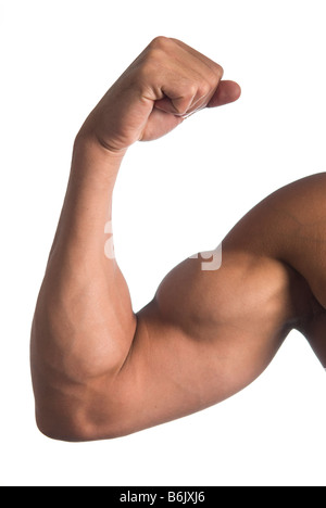 Close-up of bodybuilder flexing bicep. Man flexes big bicep. Heavy ...