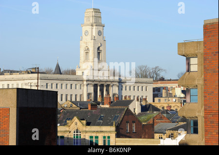 Clock Tower at Barnsley Town Hall Reflected in the Window of a Modern ...