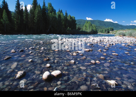 The clear water of Hemu River in Kanas National Park in Xinjiang, China ...