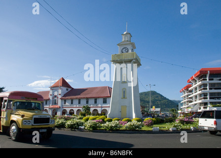 Clock tower and bus at centre of Apia, Western Samoa Stock Photo - Alamy