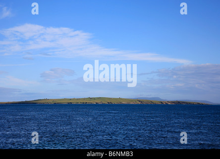Landscape view to Stroma Island from John O Groats harbour Caithness ...