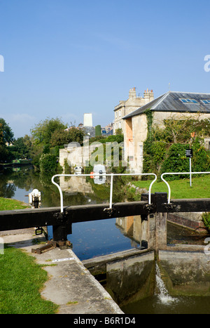 lock gates at a flight of canal locks at Hatton in Warwickshire ...