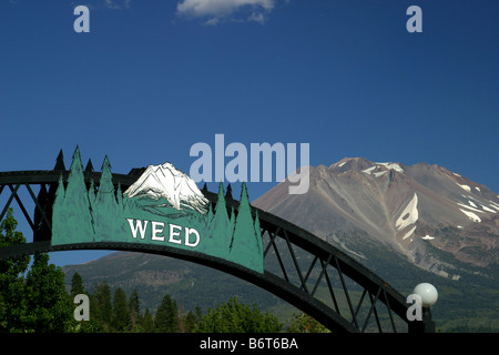 Archway welcome sign to Weed, California with Mt. Shasta in the ...
