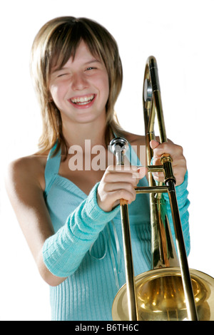 High school girl playing trombone in class, side view Stock Photo ...